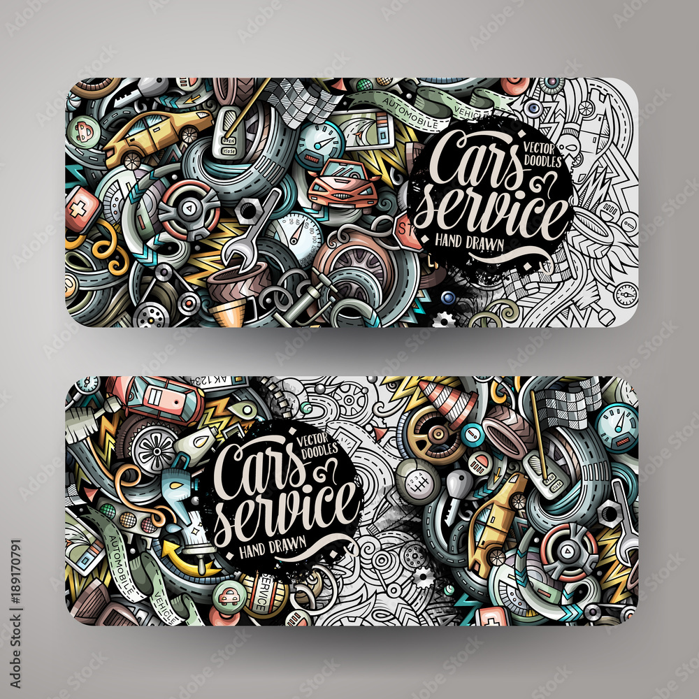 Cartoon cute colorful vector hand drawn doodles automotive banners ...