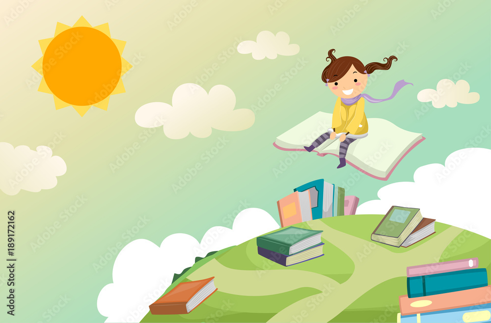 Stickman Kid Girl Book Ride Illustration Stock Vector | Adobe Stock