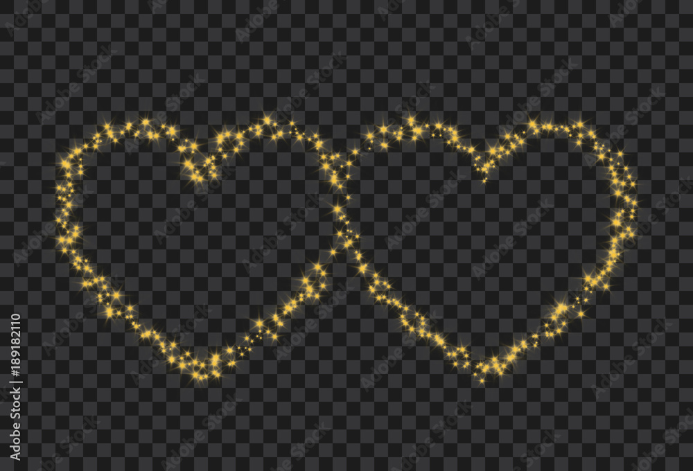 Two hearts silhouette on transparent background. Golden stars stream in ...