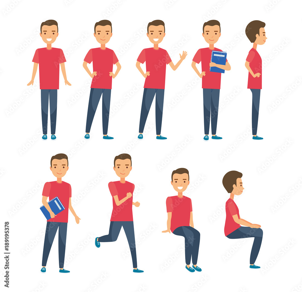 Young man character set in flat cartoon style, different poses standing ...