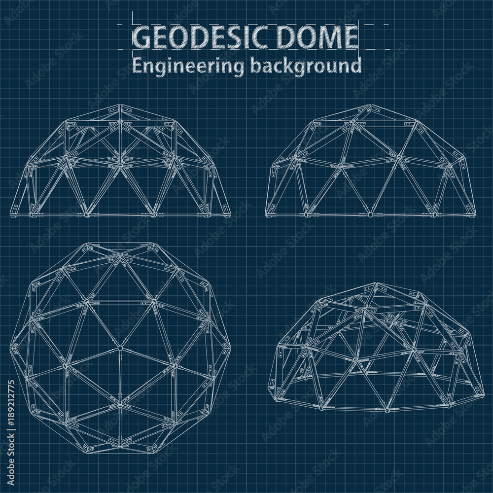 Photo & Art Print Drawing blueprint geodesic domes with lines of building, HENADZ