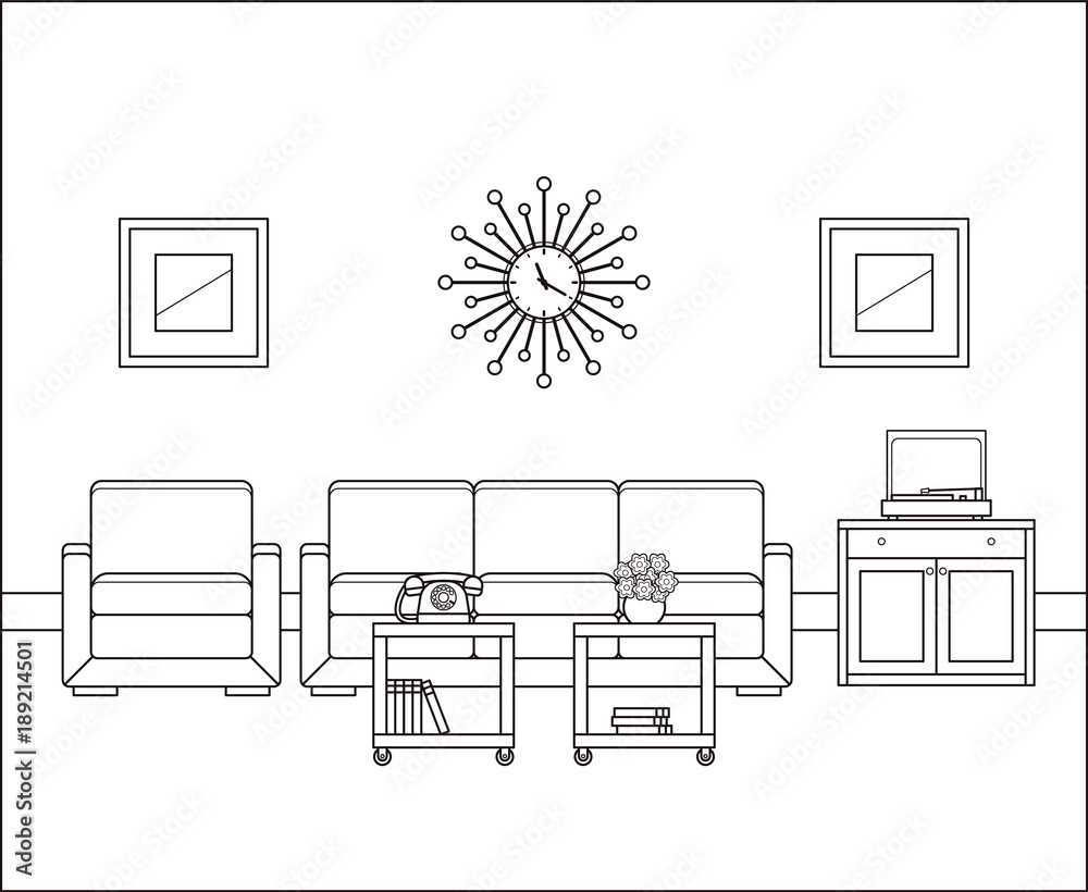 Linear room. Retro living room interior in line art. Vector graphics ...