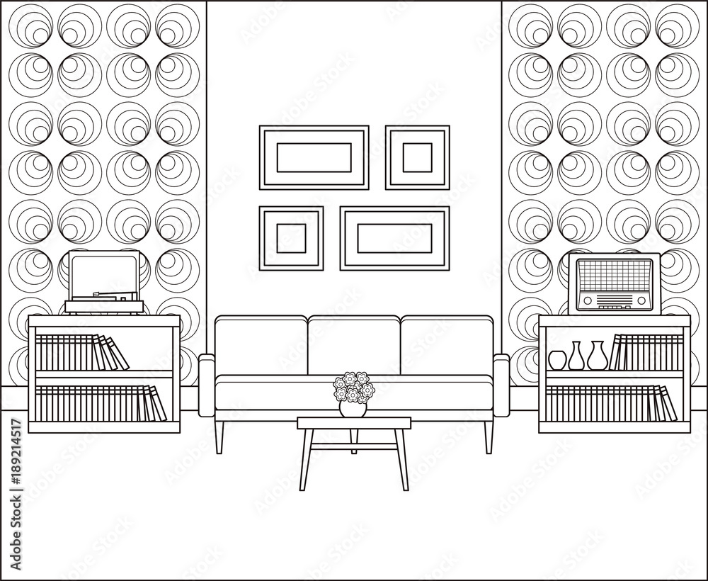 Room in line art. Retro living room interior 1960s. Linear illustration ...