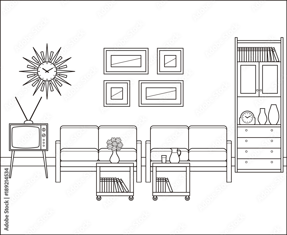 Living room in flat design. Retro room interior in line art. Linear ...