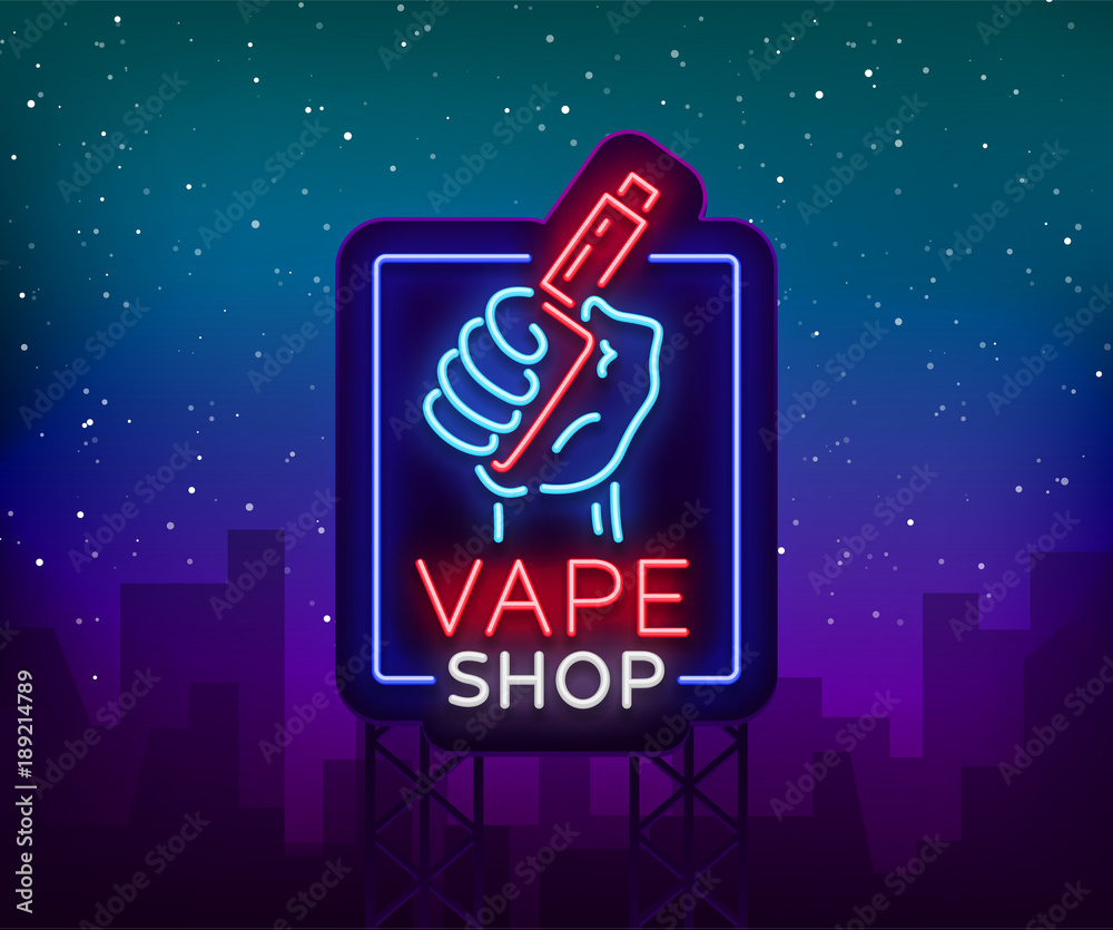 Vape shop neon sign, billboard. Vector illustration. Neon sign, a night ...
