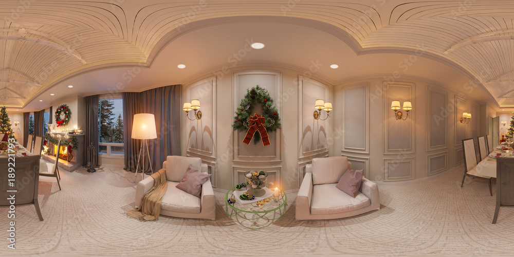 Christmas interior with a fireplace. 3d illustration of an interior ...