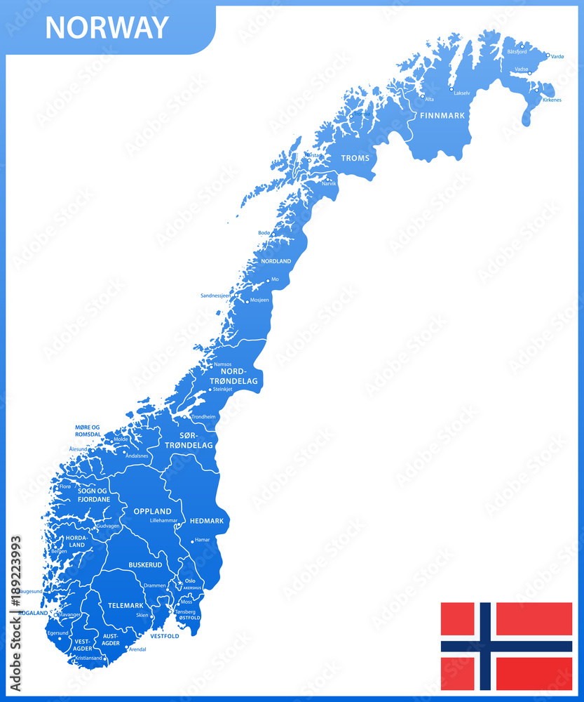 The detailed map of the Norway with regions or states and cities ...