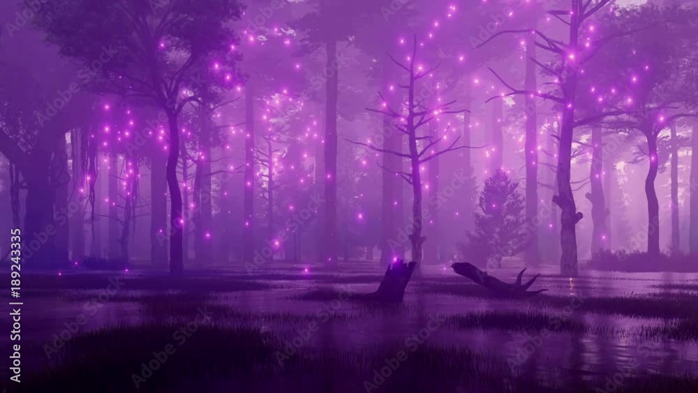 Mysterious night forest swamp with magical firefly lights flying in the ...