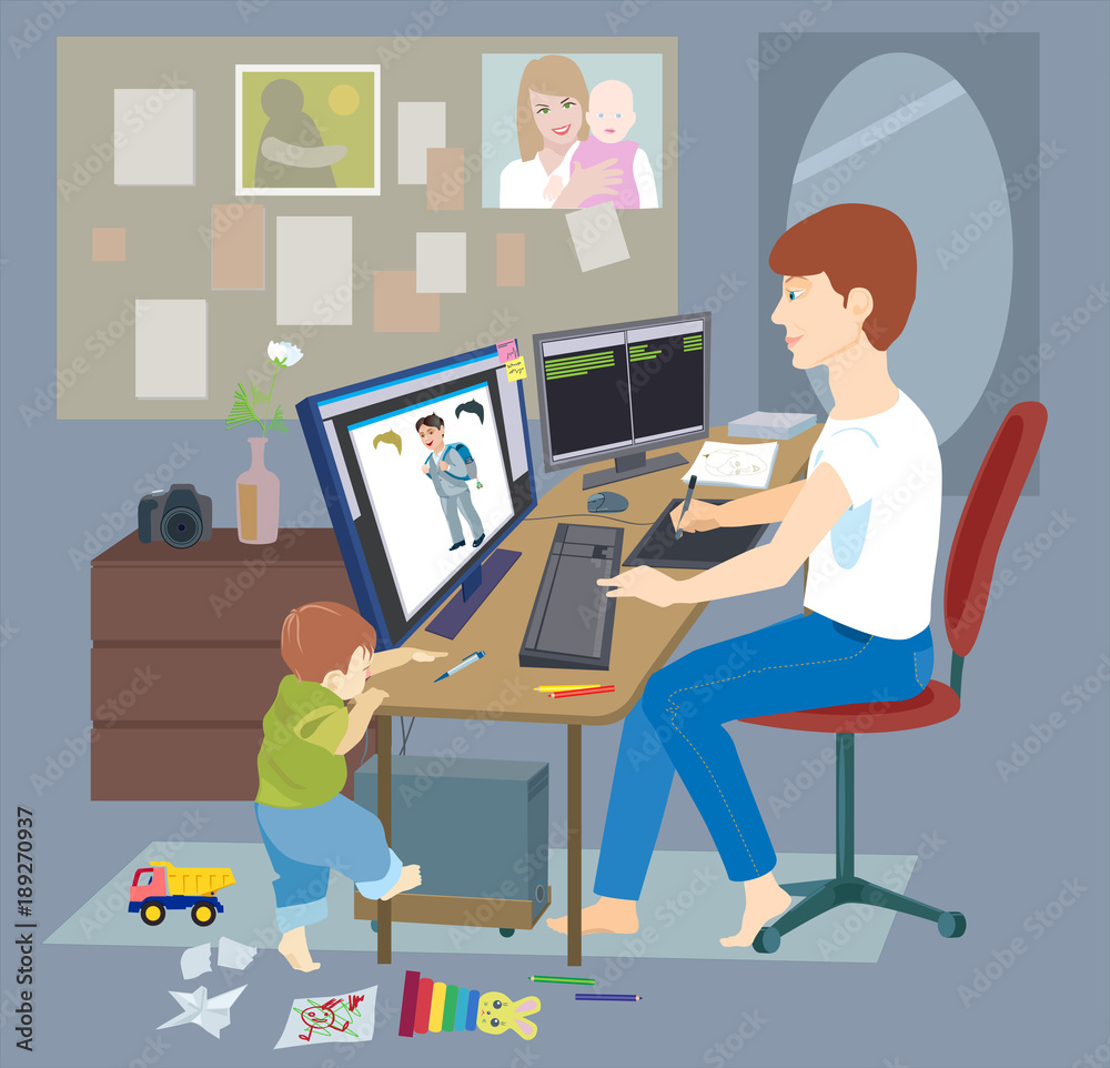 Young father, man working from home, freelancer Stock Vector | Adobe Stock