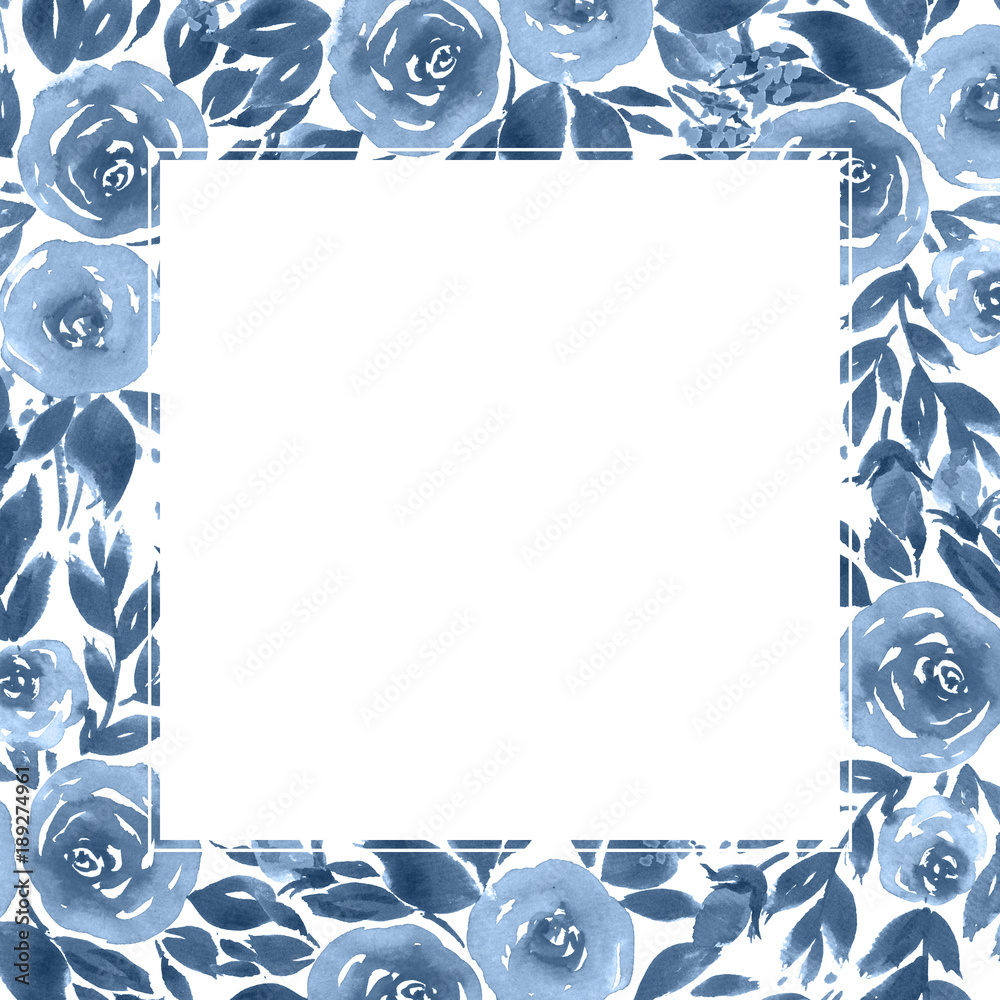 Indigo blue watercolor flowers . Frame composition of hand painted ...