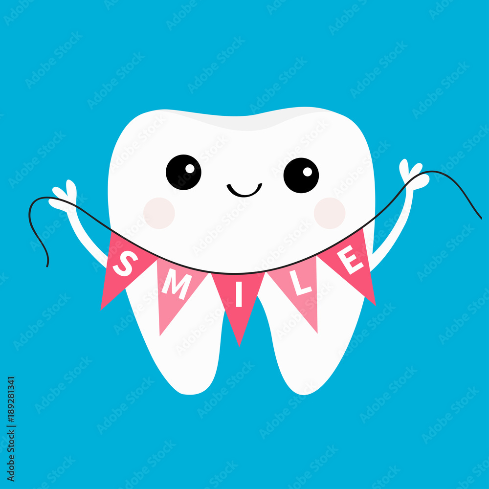 Healthy tooth icon holding bunting flag Smile. Oral dental hygiene ...