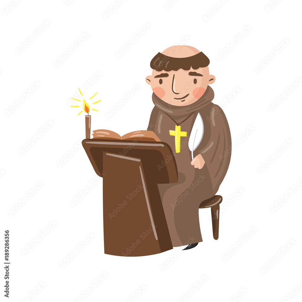 Medieval monk scribe character writing a chronicle of contemporary ...