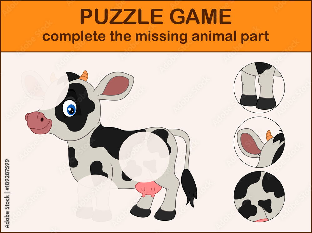Cute cow cartoon. Complete the puzzle and find the missing parts of the ...