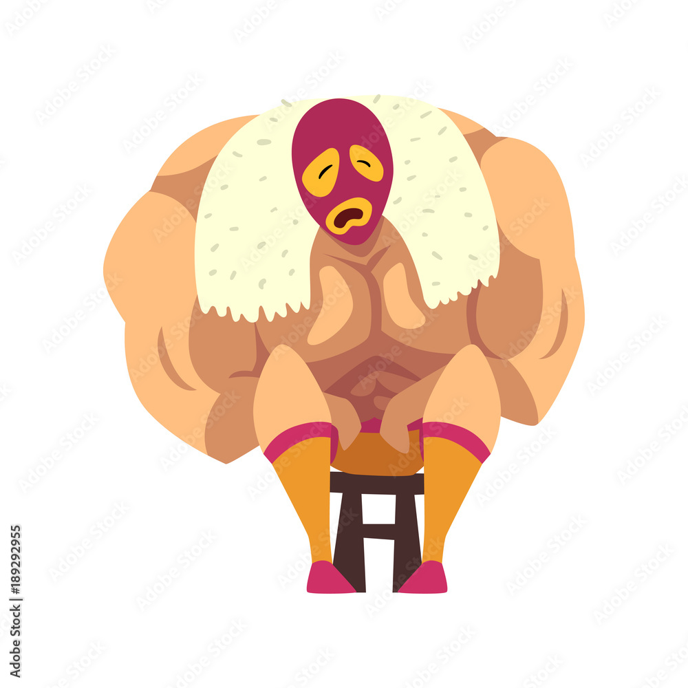 Crying wrestler sitting on small chair. Strong muscular man in red ...