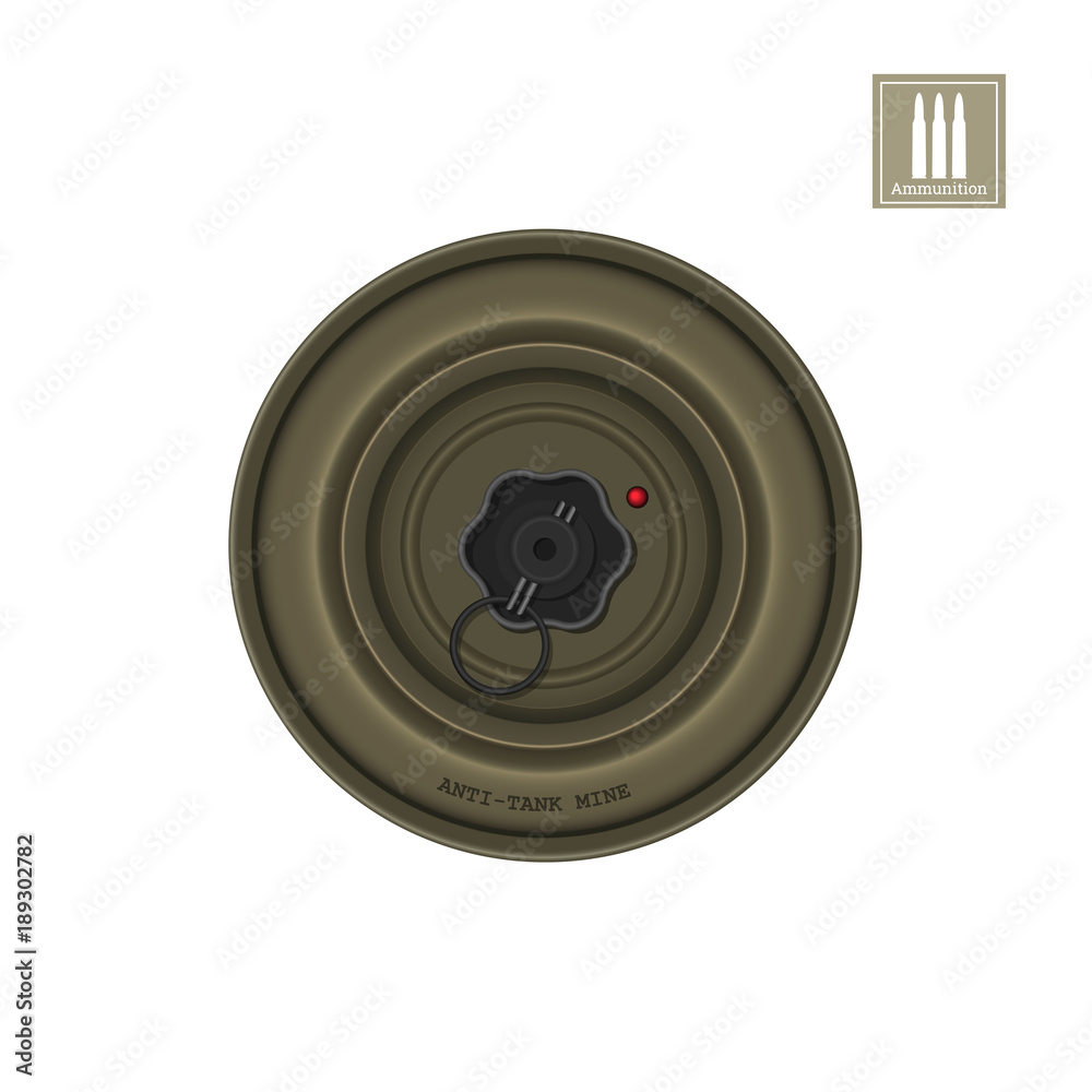 Detailed realistic image of anti-tank mine. Army explosive. Weapon icon ...
