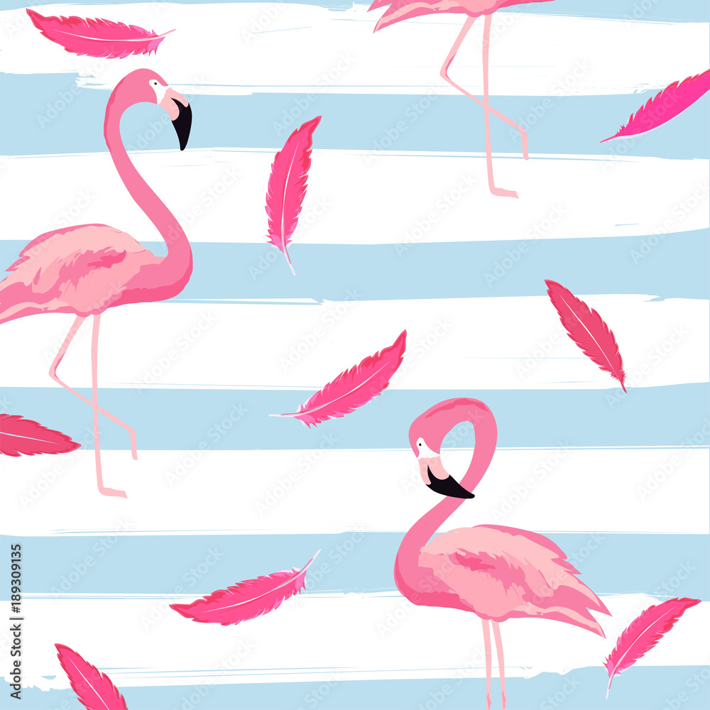 Flamingo and pink feathers with stripes seamless pattern background ...