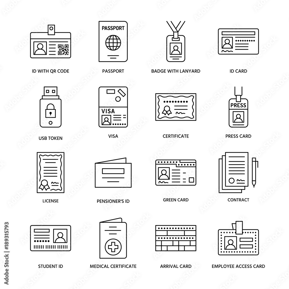Documents, identity vector flat line icons. ID cards, passport, press ...