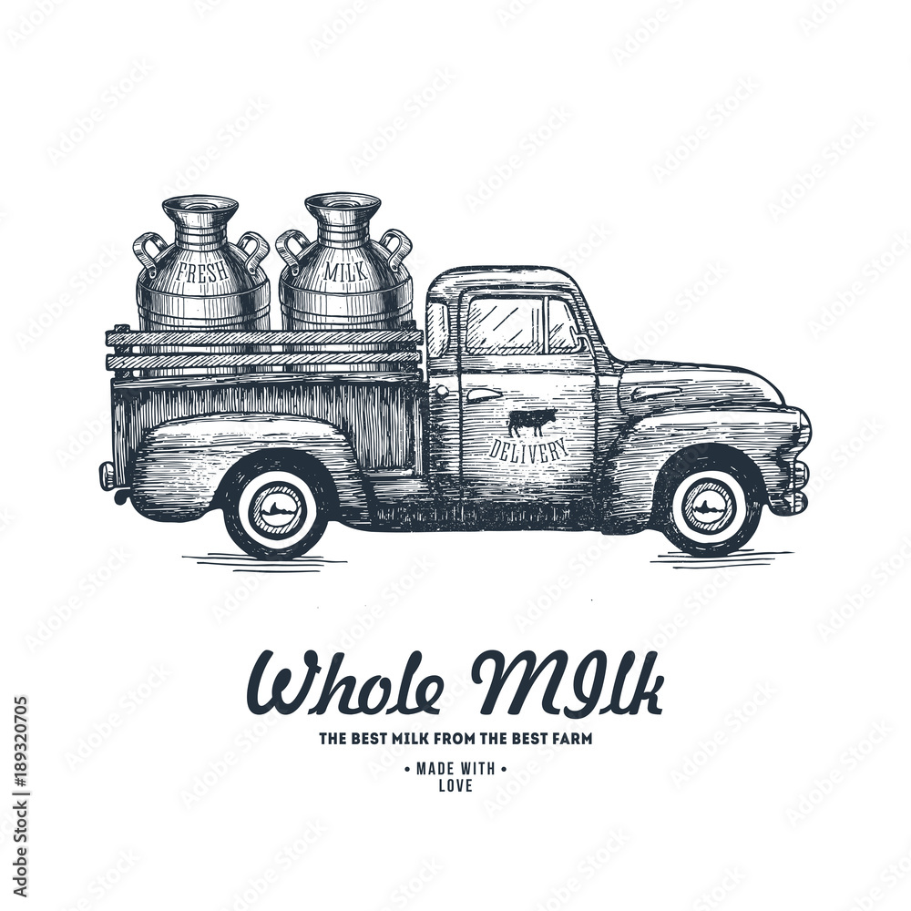 Milk farm delivery. Truck engraved illustration. Vintage husbandry ...