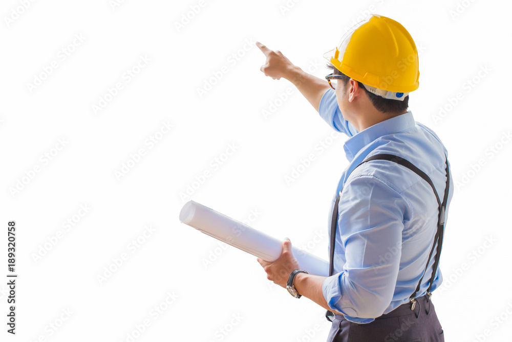 Asian Man Engineer, Architect handsome is blue shirt helmet ,Holding ...