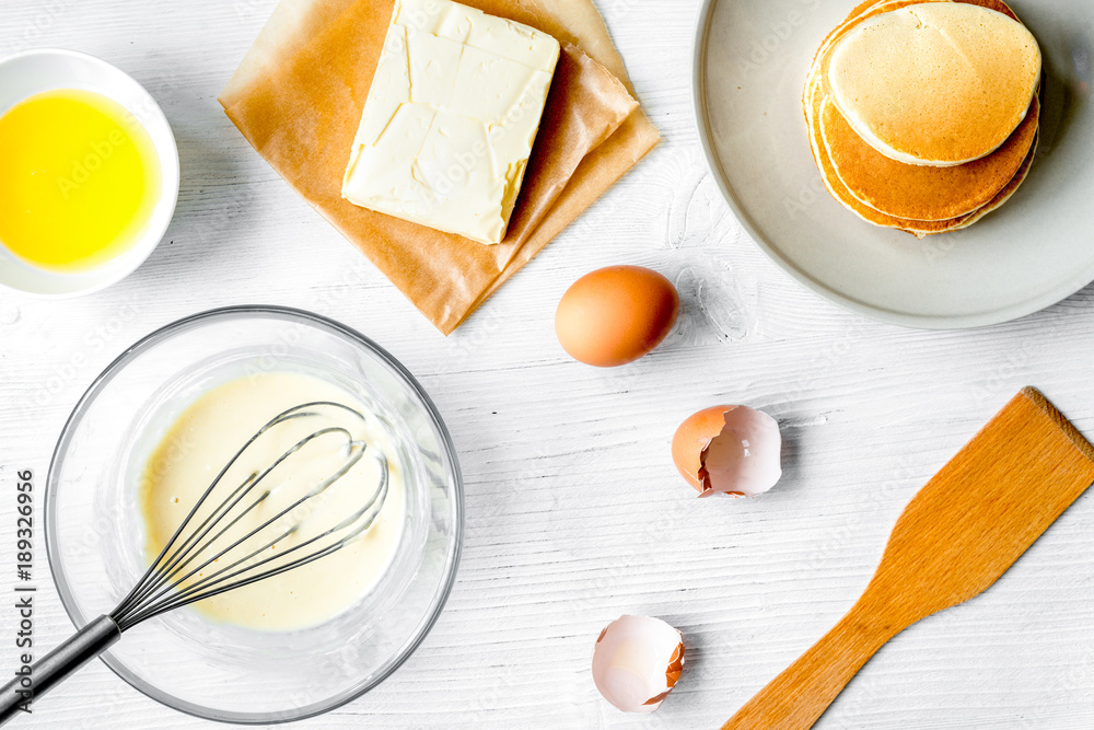 cooking pancake on white background top view ingredients for mak Stock ...