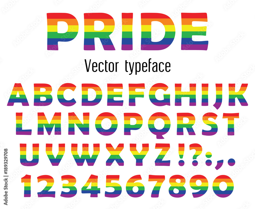 Multicolored celebrate pride typeface. ABC colorful letters and numbers ...