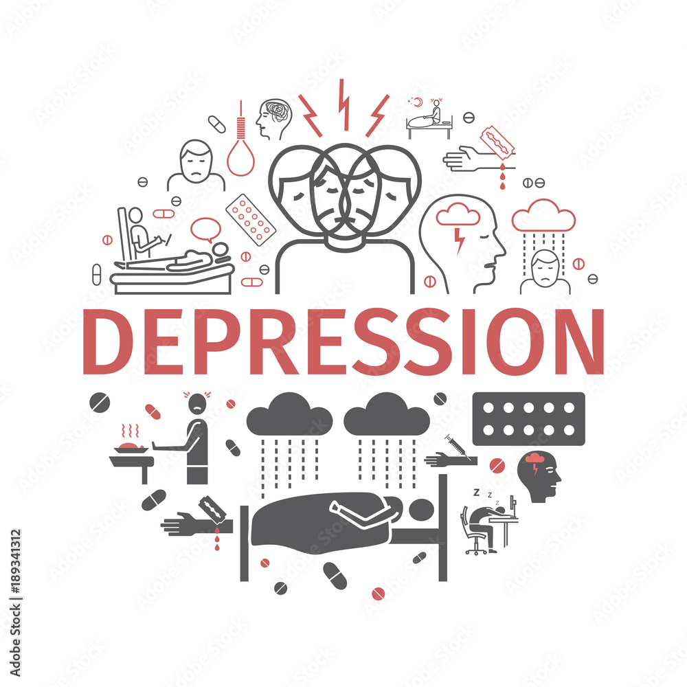 Depression banner. Infographic Symptoms, Treatment. Line icons set ...