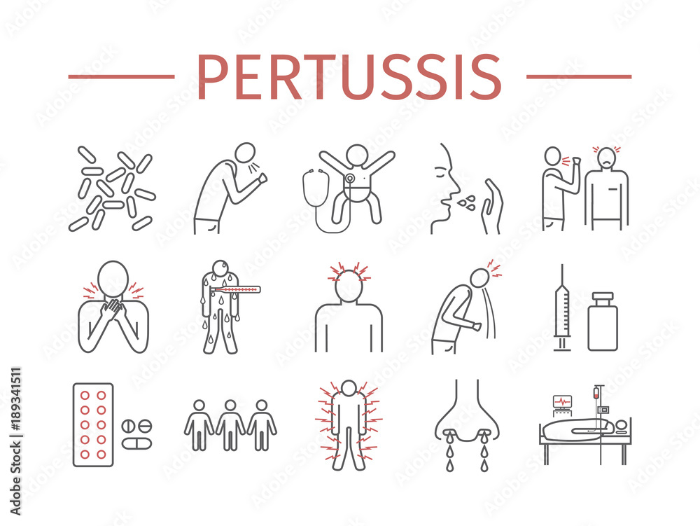 Pertussis signs. Whooping cough, Symptoms, Treatment. Line icons set ...