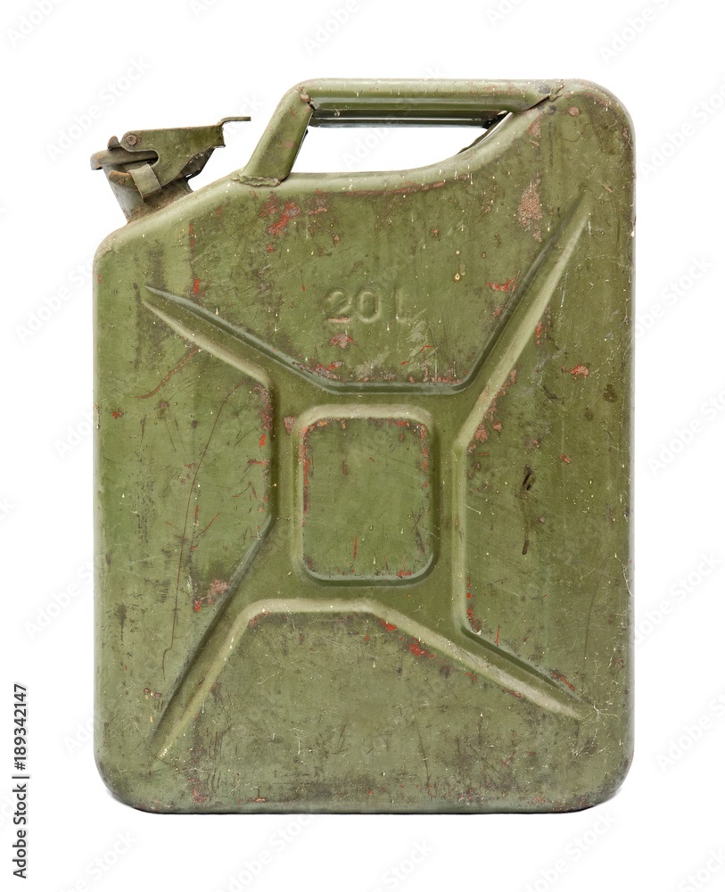 Old jerry can isolated on white background. Stock Photo | Adobe Stock