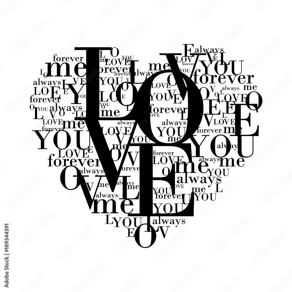Heart shape from letters - typography composition. Heart of letters and ...