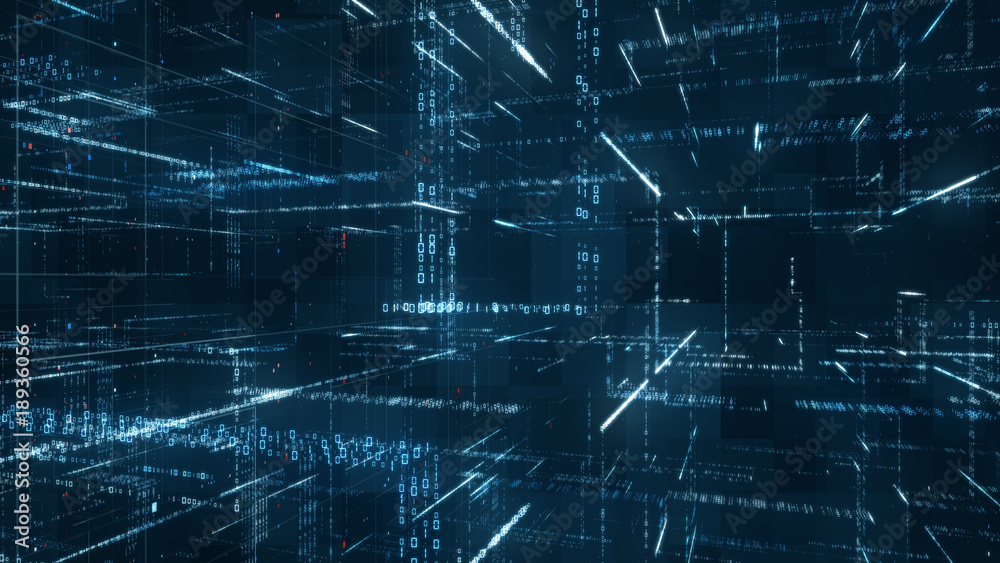 Digital binary code matrix background - 3D rendering of a scientific technology data binary code ...