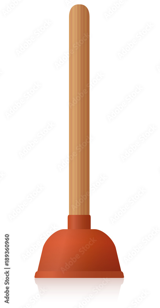 Toilet plunger with orange red rubber pump and wooden handle - domestic ...