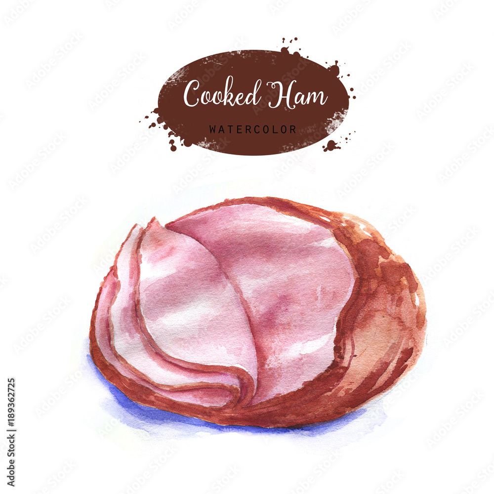 Hand-drawn watercolor cooked ham isolated on the white background ...