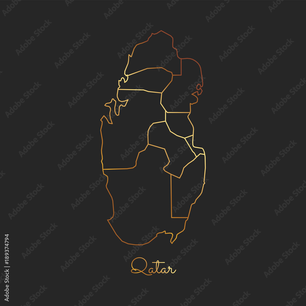 Qatar region map: golden gradient outline on dark background. Detailed ...