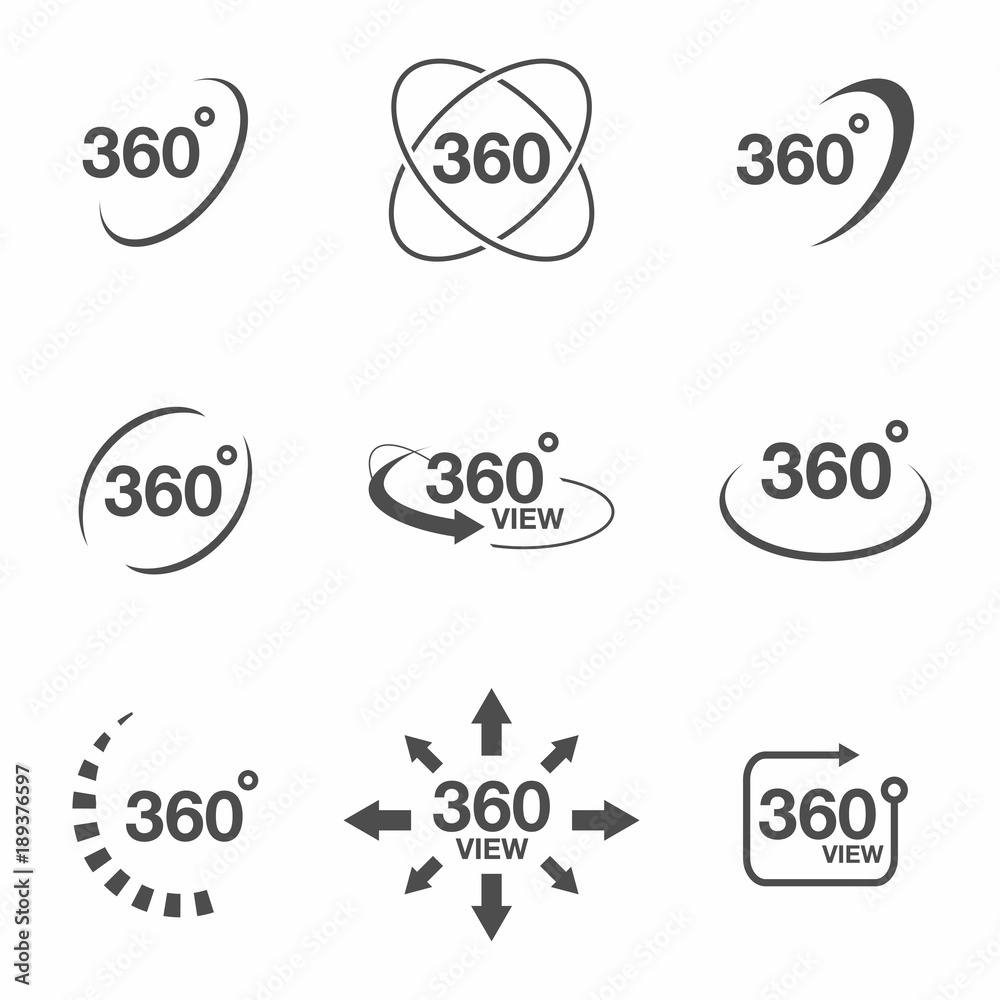 360 degree view related icon set. Signs and arrows for indicate the ...
