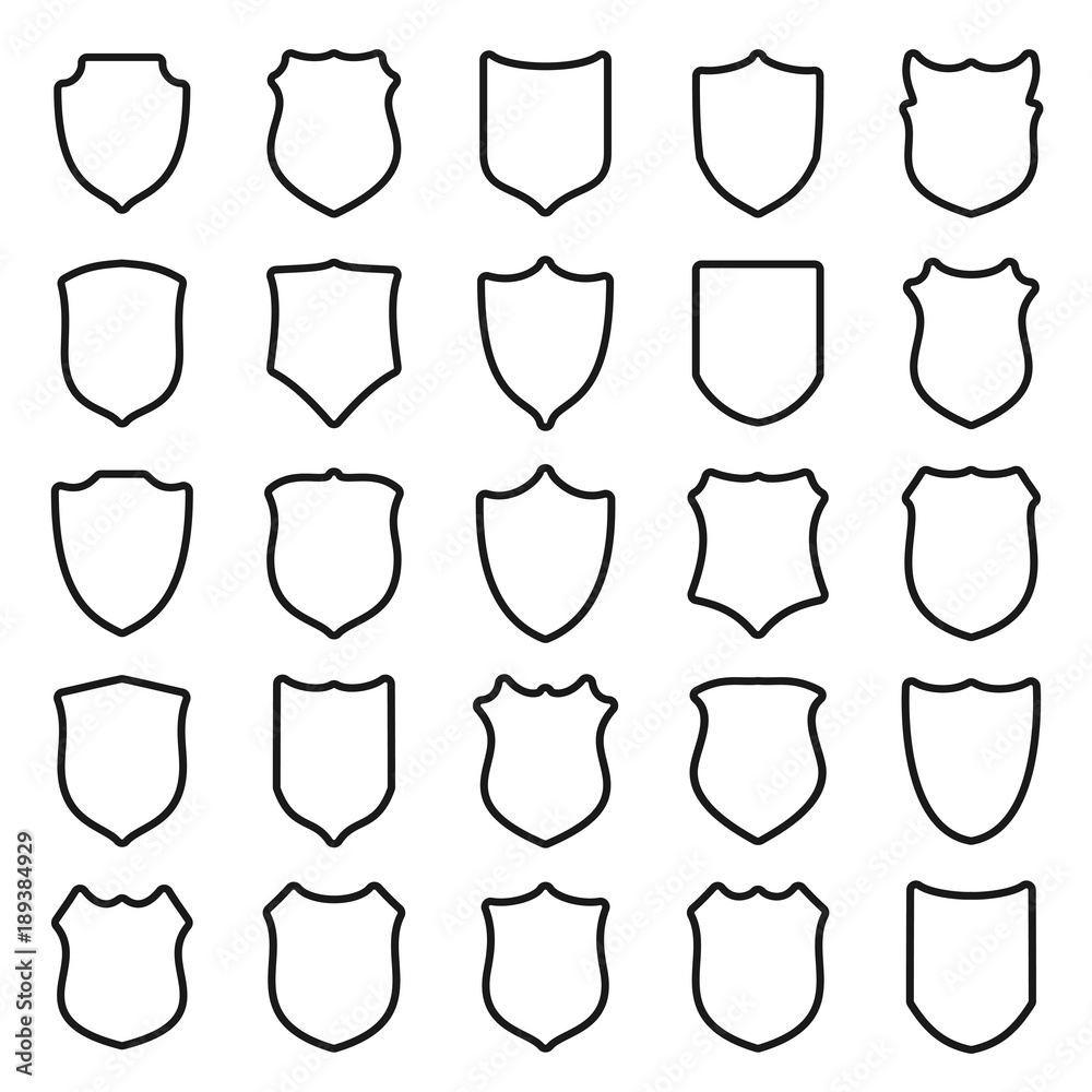 Large set of contour black shields with rounded corners isolated on ...