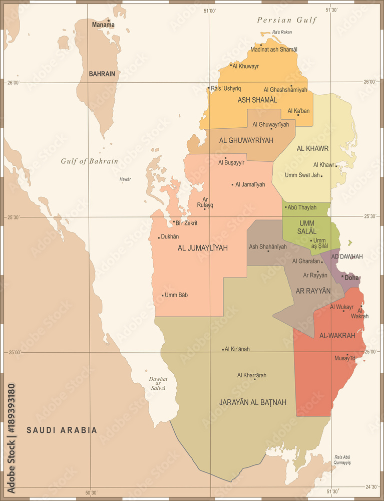 Qatar Map - Vintage Detailed Vector Illustration Stock Vector | Adobe Stock