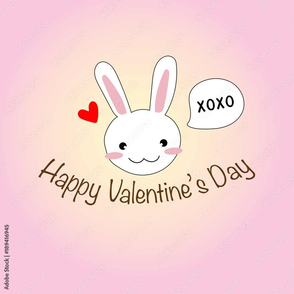 Cute hand drawing cartoon rabbit or bunny saying xoxo with mini red ...