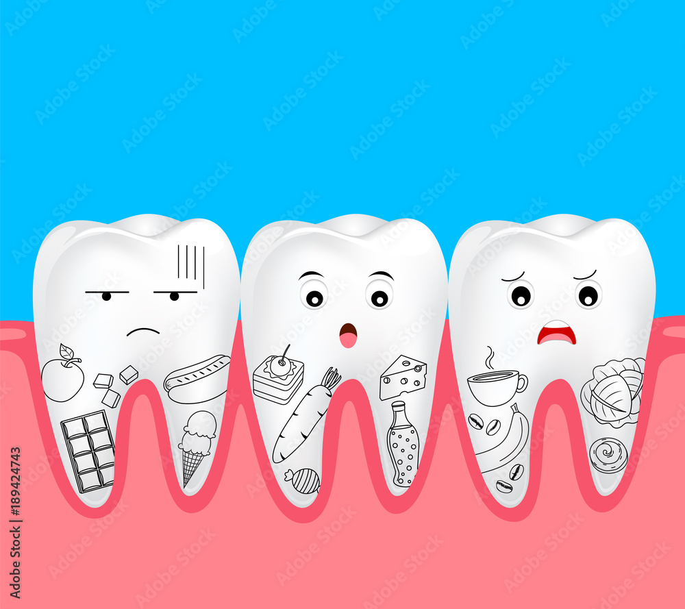 Cute cartoon tooth character with food. Hand draw style. Dental problem ...