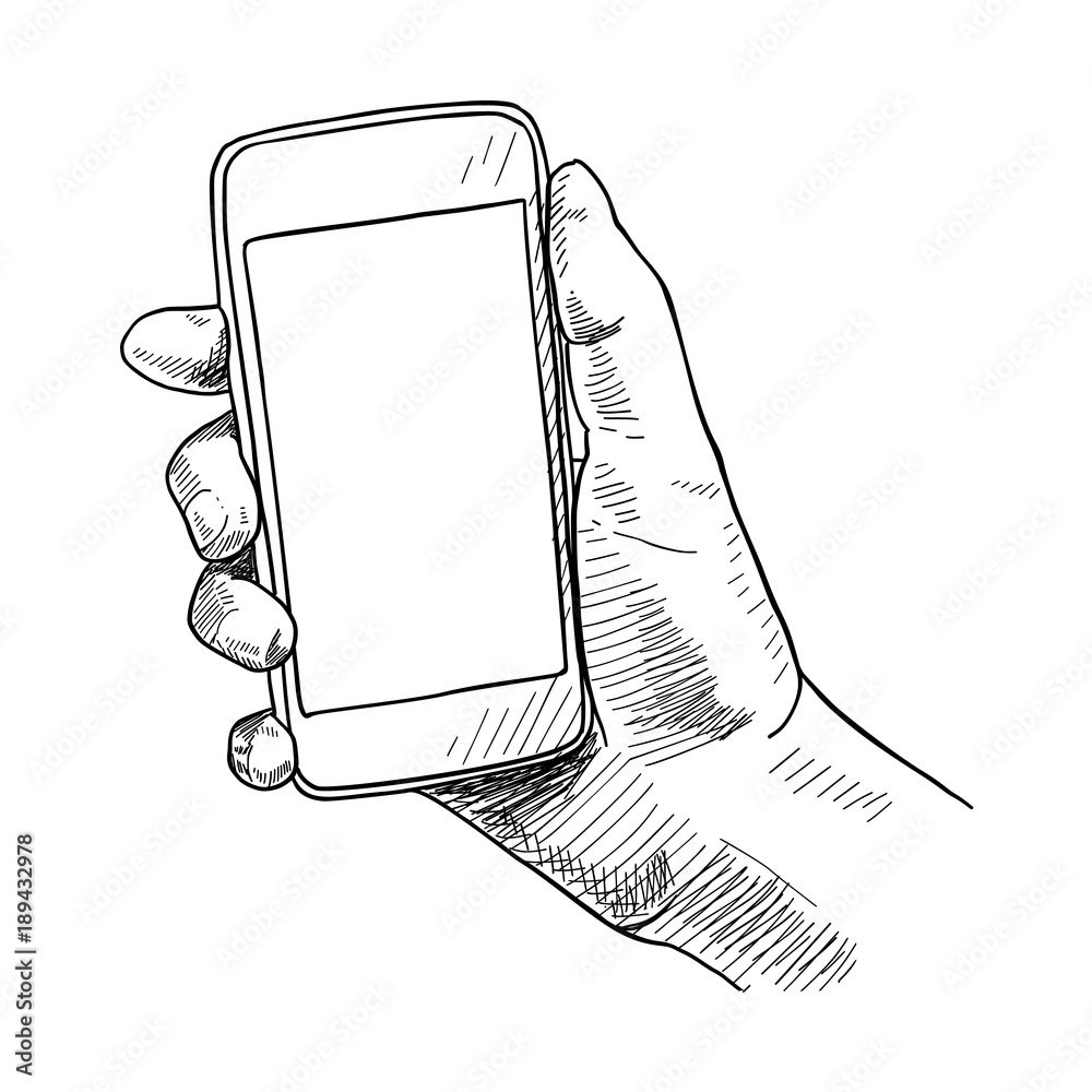 Hand holding mobile phone, sketch vector illustration Stock Vector ...