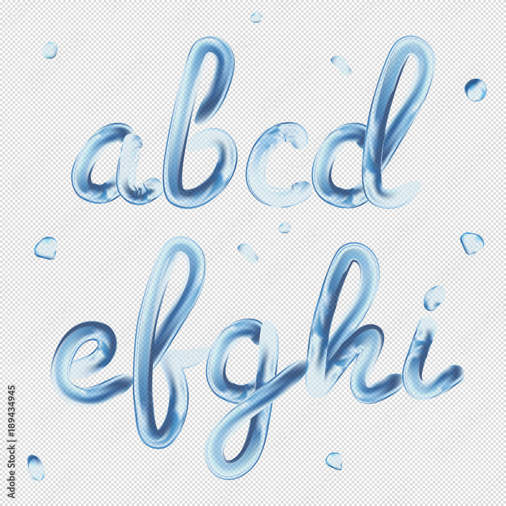 3d font. Transparent Letters a, b, c, d, e, f, g, h, i. Realistic water ...