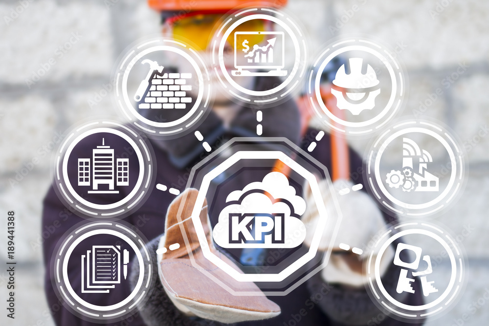 Industrial worker using virtual screen offers clouds kpi icon. Key ...