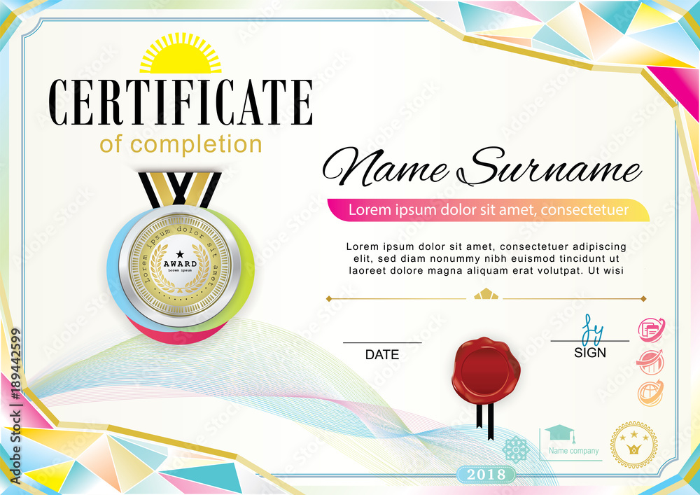 Official certificate with badge and wafer. Vector template. Yellow ...