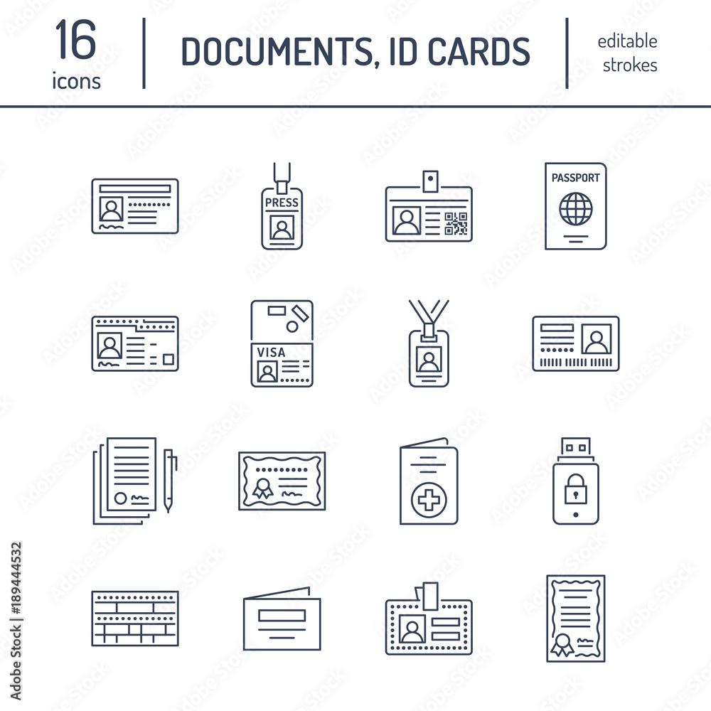 Vetor de Documents, identity vector flat line icons. ID cards, passport ...