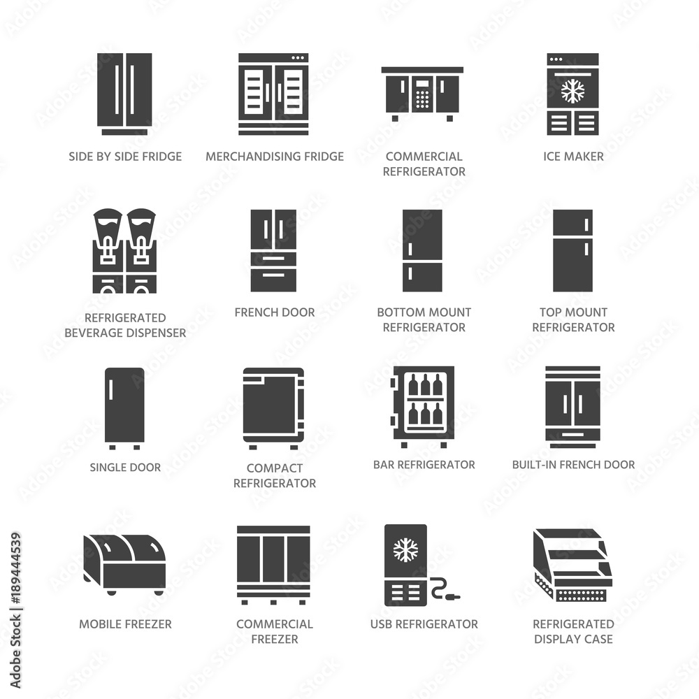 Refrigerators flat glyph icons. Fridge types, freezer, wine cooler ...