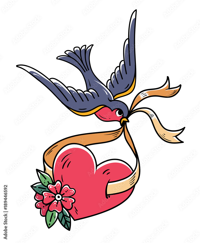 Bluebird carries over red heart on ribbon. Tattoo heart with flowers ...