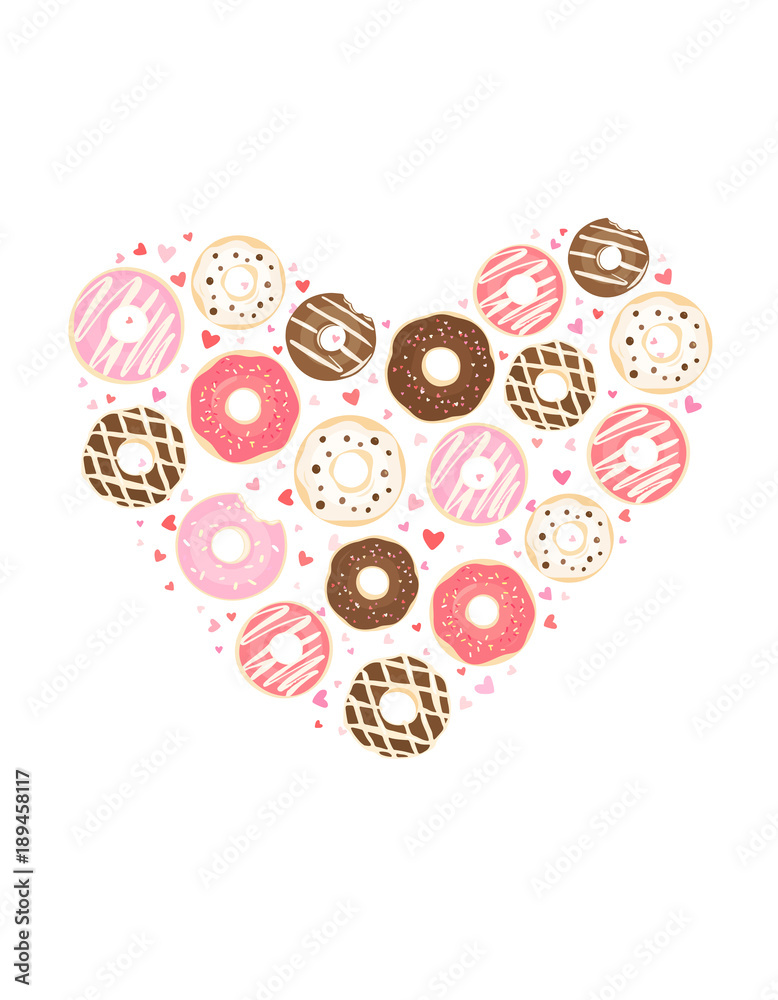 Vector heart of color donuts. Vector illustration of chocolate, glazed ...