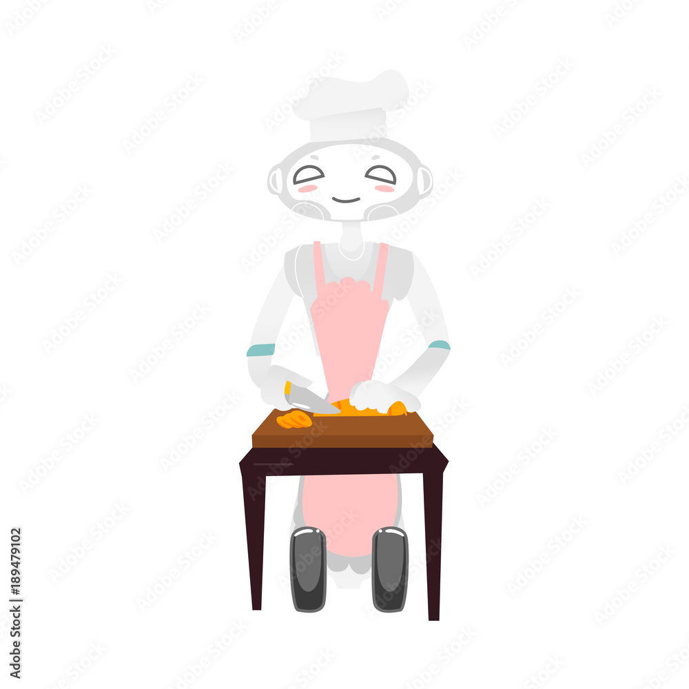 Wheeled robot assistant in chef hat and apron cooking, chopping ...