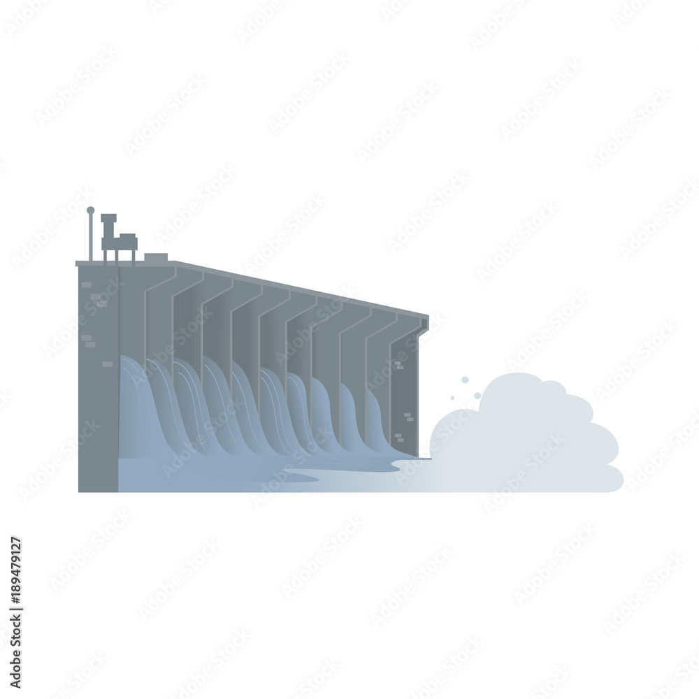 Water dam, hydroelectric power generator, flat vector illustration ...