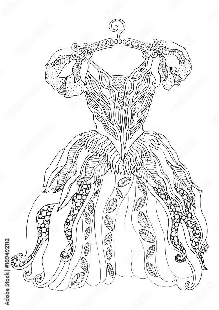 Women's lace dress. Hand drawn illustration for coloring page, poster ...