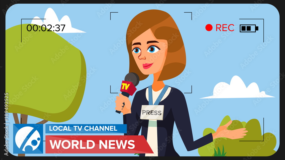 TV Reporter Presenting News. Vector Concept. Video Camera Viewfinder ...